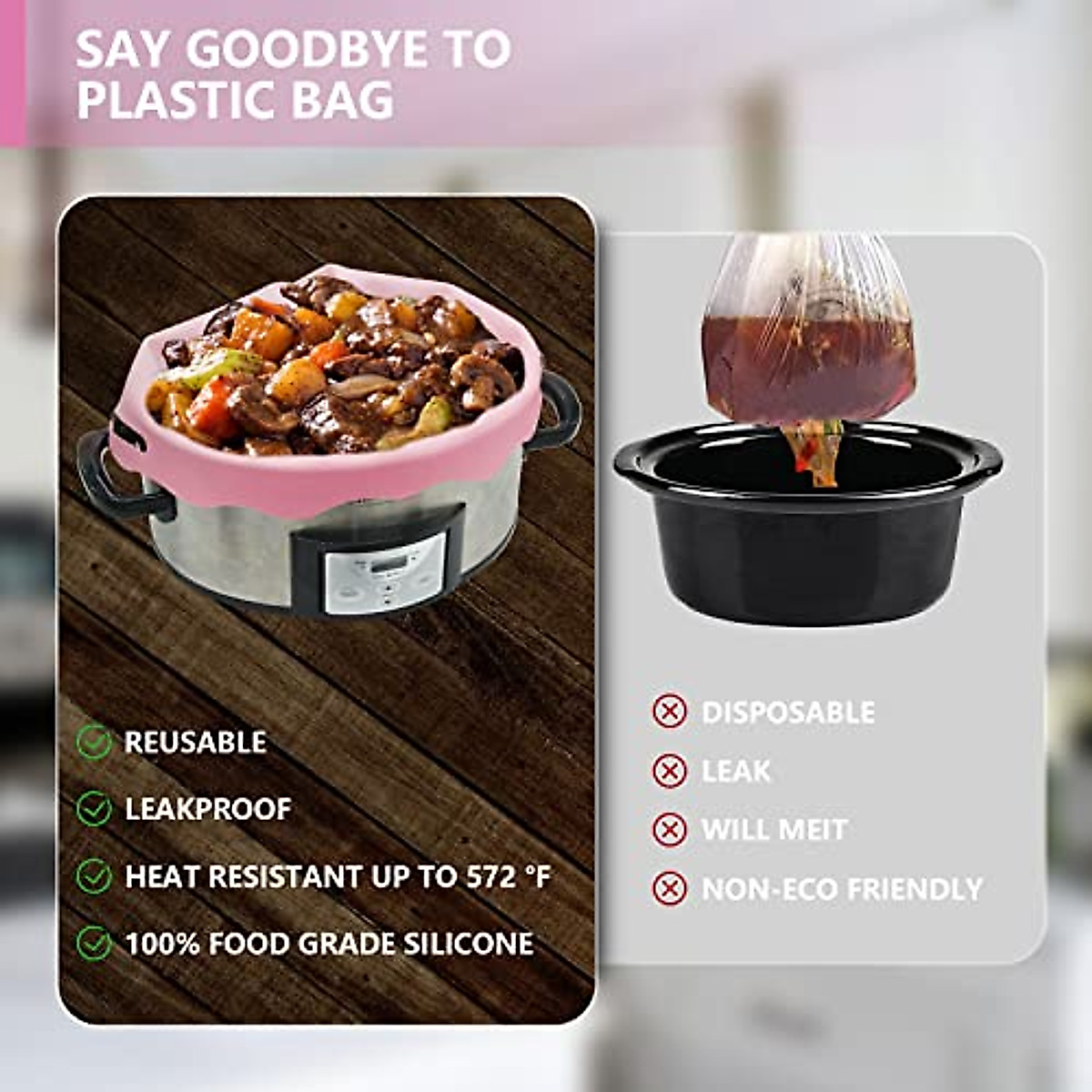 3 Pack Slow Cooker Liners Leakproof Newly Upgraded, Easy Clean Crock Pot Liners Reusable Silicone Bag Liners Fit 7-8 Quarts Oval or Round Pot