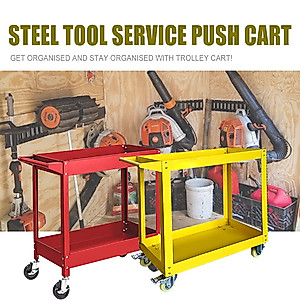 HPDMC 30in Large Steel Service Cart - Utility Carts with Wheels - 2 Shelf - Metal - 300 lbs Capacity - Shop Rolling Tool Carts - Yellow