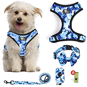Step in Dog Harness and Leash Set, Adjustable Reflective No Pull Dog Vest Harness Set for Puppy Medium Dog with Bow Collar, Leash and Poop Bag, Medium Blue Camouflage