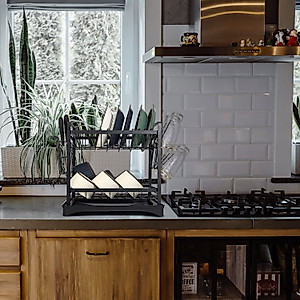 Flaovoth 2 Tier Dish Drying Rack, Dish Drainers for Kitchen Counter Dish Rack with Drying Drainboard, Adjustable Swivel Spout, Cutlery Caddy, Cup Hanging Holder, Spoon Rack and Knife Holder, Black