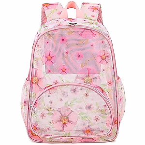 LOIDOU Mesh Backpack for Toddler Girls Semi-Transparent Mesh Bookbag 15 Inch Preschool Kindergarten Backpacks See Through Sturdy School Bags for Travel Beach Hiking Swim