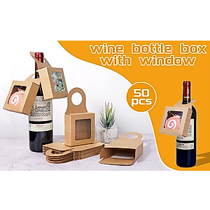 50 Count Wine Bottle Box with Window, Kraft Paper Wine Boxes for Gifts, Hanging Foldable Gift Boxes Bottle Hanger Favor Box for Decoration, Wine Box for Holding Candy Cookies (3.5 x 3.5 x 1.2 Inches)