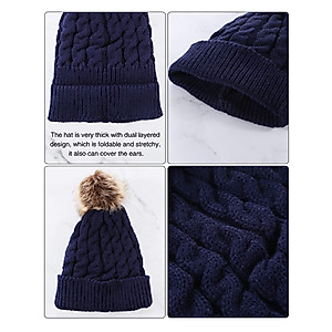 Women's Winter Knitted Beanie Hat with Faux Fur Pom Slouchy Hat and Full Finger Knitted Gloves (Navy Blue Hat)