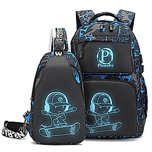 Pawsky Skateboard Anime Luminous Backpack School Backpack with USB Charging Port for Teen Boys, College School Bookbag Lightweight Laptop Bag with Sling Bag Set, Blue