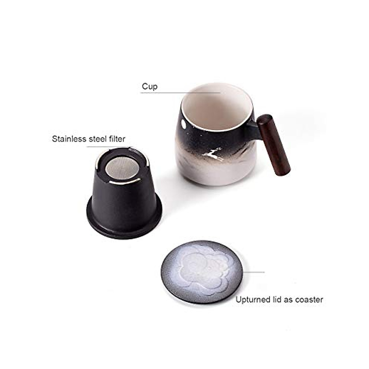 TANG PIN Moon Deer Ceramic Tea Mug with Infuser and Lid Coffee Mug with Strainer and Wooden Handle 14.5 OZ (Black&Blue)