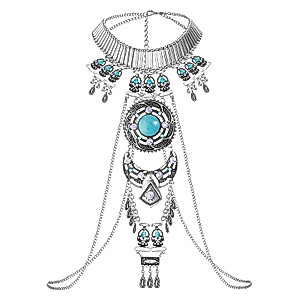 Boho Statement Turquoise Necklace Crossover Harness Bikini Waist Belly Sexy Body Chains for Women (Silver)