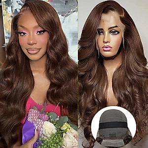 LAINSS Chocolate Brown Lace Front Wig Human Hair 180% Density Brown Body Wave 13x4 Lace Front Wigs Human Hair for Black Women 4# Colored Wigs Human Hair (24inch)