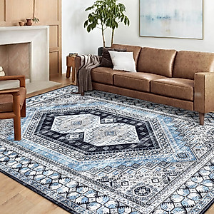 GarveeHome 8x10 Washable Area Rug Boho Living Room Rug Non-Slip Nursery Rug Low-Pile Retro Carpet Print Distressed Rug for for Laundry Dining Room Office, Blue/Grey