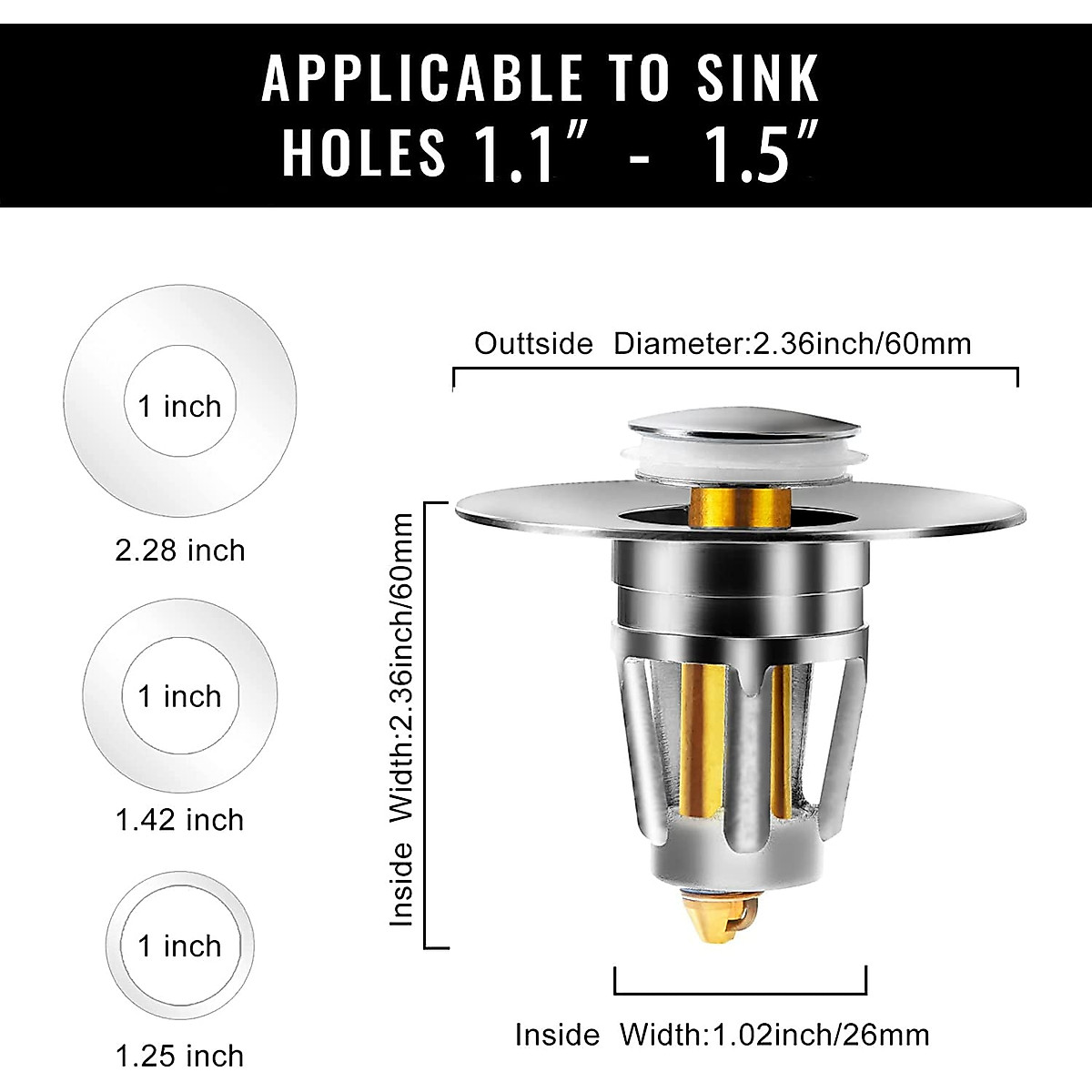 Universal Bathroom Sink Stopper, Suitable for 1.06-1.96 inch Drain Hole,Sink Drain Strainer,pop up Drain Stopper for Bathroom,Bathtub,Tub Anti Clogging Sink Drain Filter with Hair Catcher