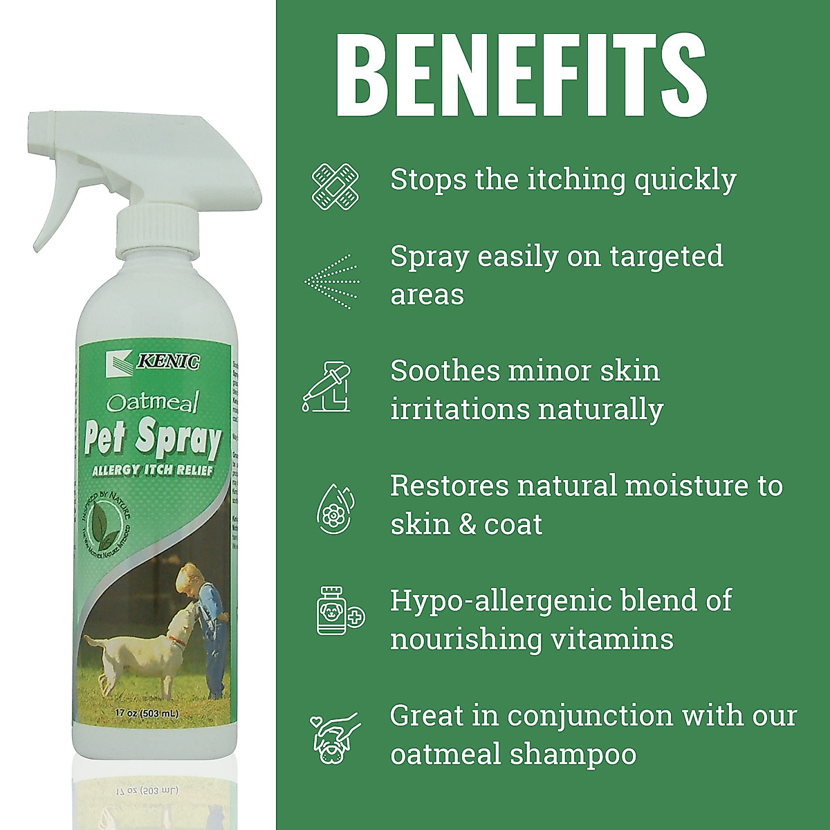 Kenic Oatmeal Itch Relief Spray for Dogs, Soothing, Anti-Itch, Hypo-Allergenic for Sensitive Skin, Restores Moisture, Made in USA