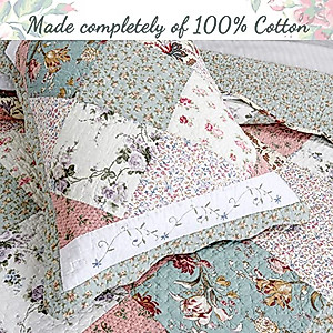 Cozy Line Home Fashions Floral Real Patchwork Green Peach Scalloped Edge Country 100% Cotton Quilt Bedding Set, Reversible Coverlet Bedspread (Celia, King - 3 Piece)