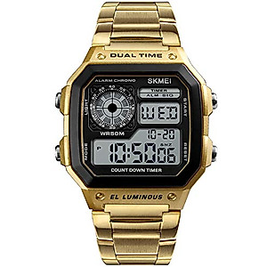 PASOY Men's Digital Multi-Function Watches Dual Time Alarm Stopwatch Countdown Backlight Waterproof Watch (Gold)