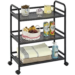 GYCZYCX 3-Tier Mesh Metal Rolling Cart,Multipurpose Heavy Duty Cart,Multipurpose Storage Rack,Utility Cart,High Capacity Cart with Locking Wheels (Black)