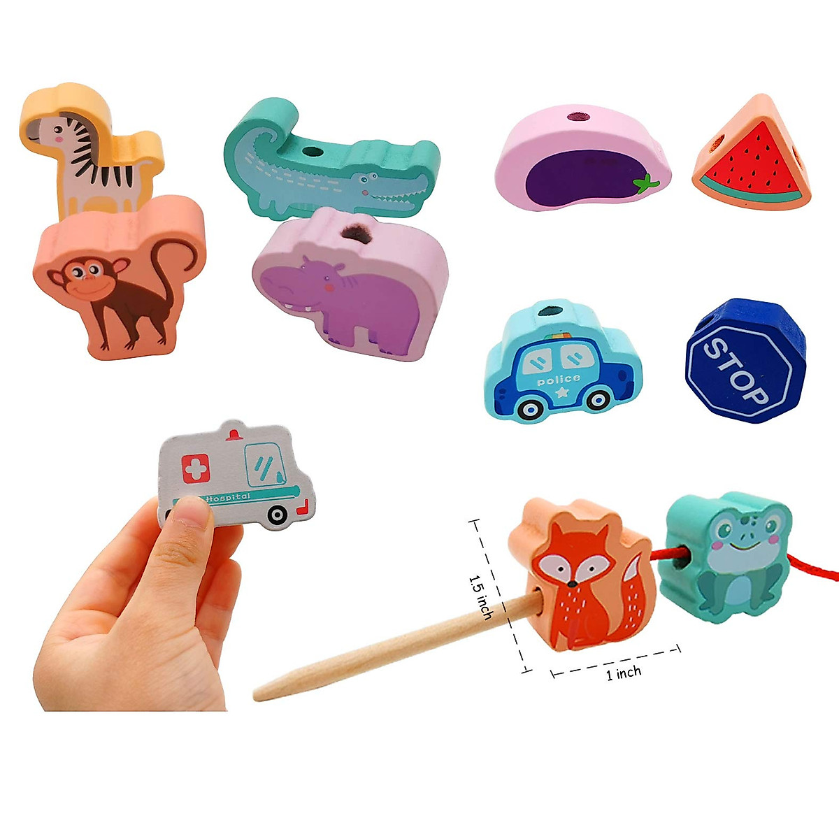 BMTOYS Montessori Educational Threading Toys Wooden Stringing Traffic Wild Animals Fruits Lacing Beads Preschool Toy for Toddler 18 Month 1 2 3 4 5 Year Old Boys Girls