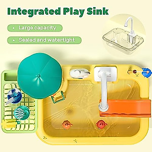 CUTE STONE Play Sink with Running Water, Kitchen Sink Toys with Play Food and Kitchen Utensils, Pool Floating Toys for Fishing Game, Children Role Play Electric Dishwasher Toy Gift for Boys Girls