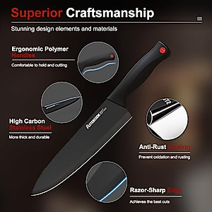 Astercook 15 Piece Knife Set with Sharpener Block - German Stainless Steel, Dishwasher Safe Kitchen Knives with Built-In Sharpener, Black