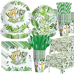 HIPVVILD Safari Birthday Decorations Tableware - Jungle Theme Party Supplies Include Plates, Cups, Napkin, Cutlery, Tablecloth, Straws, Animal Safari Jungle Birthday Baby Shower Decorations | Serve 24