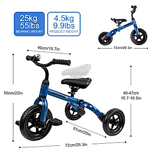 YGJT 3 in 1 Tricycle for Toddlers Age 2-5 Years Old, Folding Kids Balance Bikes with Adjustable Seat and Removable Pedal, Ride-on Toys for Infant, Gift for Baby Boys Girls Birthday(Blue)
