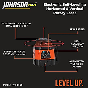 Johnson Level & Tool 99-028K Electronic Self-Leveling Dual Slope Horizontal/Vertical Rotary Laser System, Red, 1 Kit