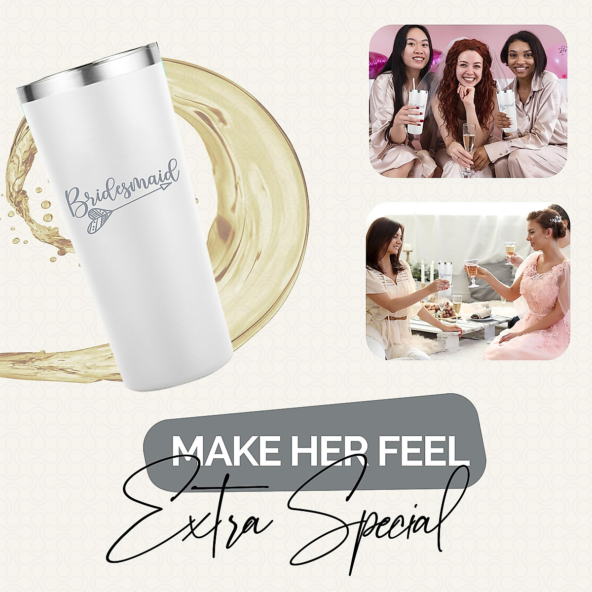 Your Dream Party Shop Bridesmaid Gift Wine Tumbler, 22oz - White Stainless Steel Cup with Straw and Lid, Perfect Bridesmaid Tumbler Proposal Gift