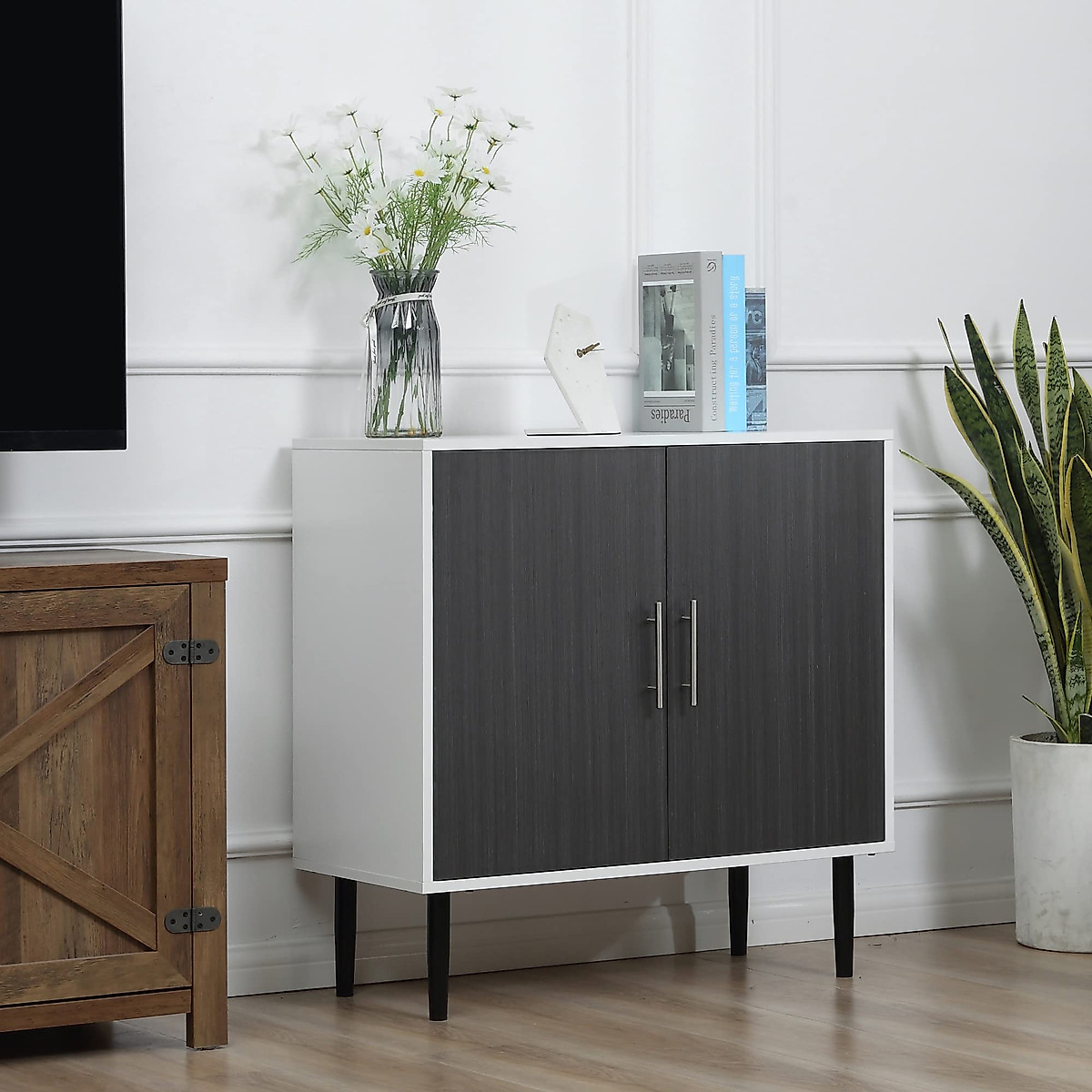 HOMCOM Sideboard Buffet Cabinet, Kitchen Storage Cabinet with Double Door Cupboards, Adjustable Shelf and Steel Legs, Gray
