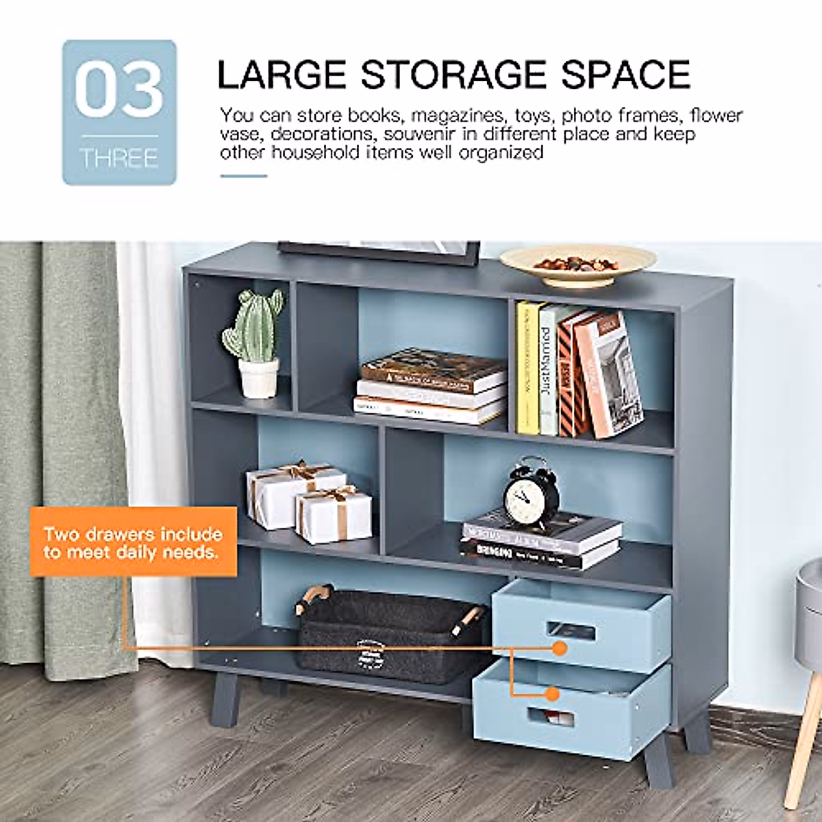 HOMCOM 3-Tier Child Bookcase Open Shelves Cabinet Floor Standing Cube Storage Organizer with Drawers - Dark Blue