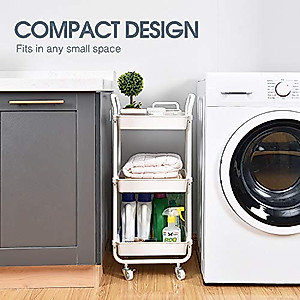 TOOLF 3-Tier Storage Rolling Cart, Kitchen Utility Cart with Wheels, Plastic Organiser Cart Rolling Trolley Shelving Unit, Storage Rack, Fruit Vegetable Rack