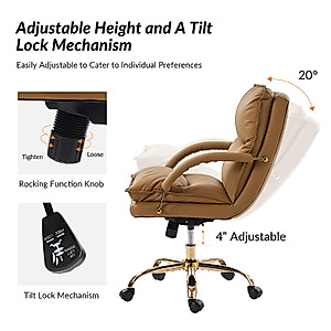 HULALA HOME Office Desk Chair, Leather Adjustable Swivel Computer Chair with Golden Legs and Padded Arms, Comfy Upholstered Task Chair, Camel