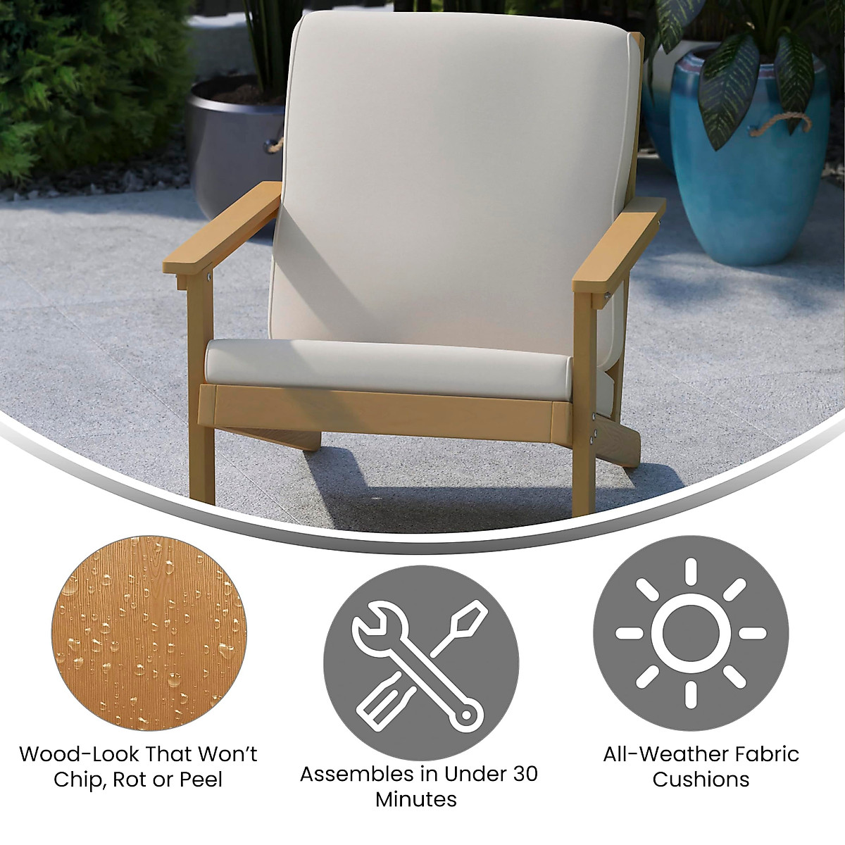 Merrick Lane Riviera Adirondack Style Deep Seat Patio Club Chair with Cushions - Natural Cedar Poly Resin Frame - Cream All-Weather Cushions - Indoor/Outdoor