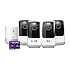 Lorex Home Hub 32GB with Four 2K Wire-Free WiFi Rechargeable Battery-Operated Indoor/Outdoor Security Cameras, White – Smart Home Compatible, 4MP Image Sensor, Human Detection, Color Night Vision