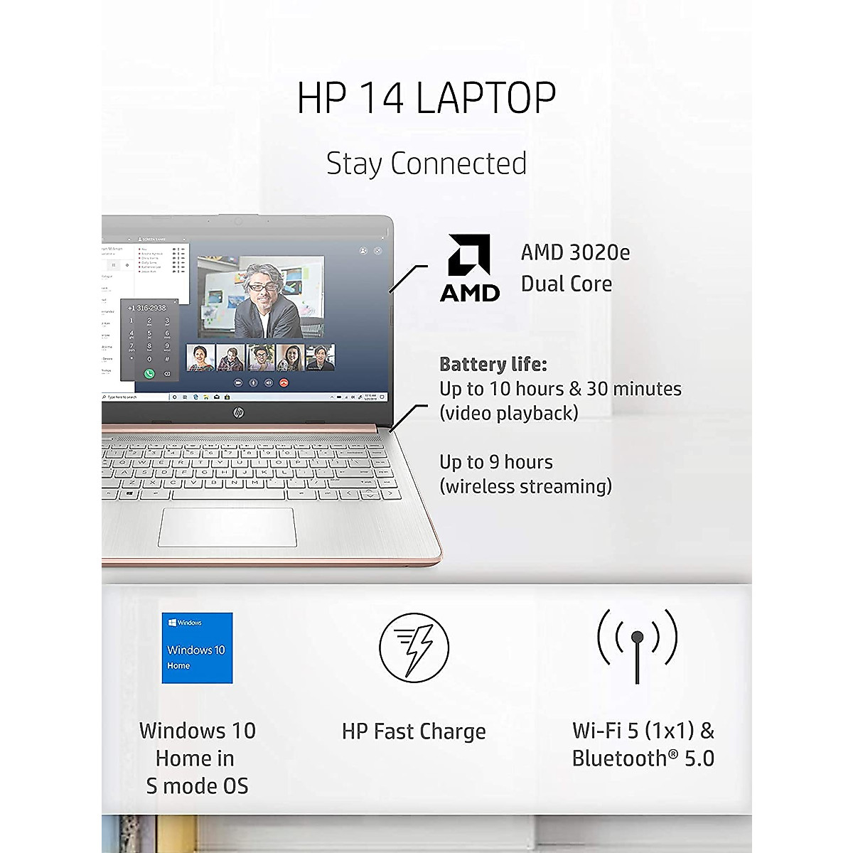 HP 2022 Pavilion 14-inch HD Touchscreen Laptop, AMD 3000 Series Processor, Long Battery Life, Webcam, HDMI, Windows 10 (14, 16GB RAM | 320GB Storage, Rose Gold) (Renewed)
