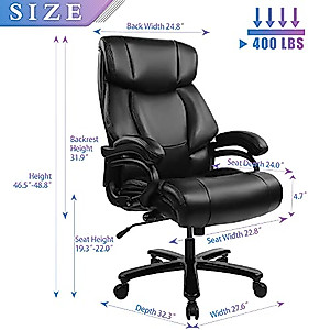 KBest High Back Big & Tall 400lb Office Chair - Heavy Duty Metal Base, Adjustable Built-in Lumbar Support and Tilt Angle Large Bonded Leather Ergonomic Executive Desk Computer Swivel Chair, Black