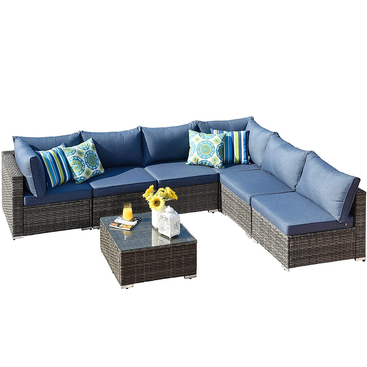 XIZZI Patio Furniture Outdoor Sectional Sofa 7 Piece All Weather PE Rattan Wicker Conversation Sets with Coffee Table for Backyard Deck Garden,Denim Blue