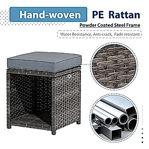 JOIVI 2 Pieces Outdoor Patio Ottoman, All Weather Rattan Wicker Ottoman Set, Outdoor Footstool Footrest Seat with Removable Cushions Storage Space, Grey