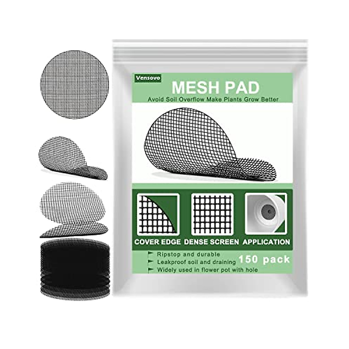 Mesh Pad for Flower Pots - 150 Pack 2 x 2 inch Bonsai Pot Bottom Grid Mat Mesh, Plant Drainage Mesh Screen with Hot Melt Edge, Round Plant Hole Screens Keep Soil from Flowing Away