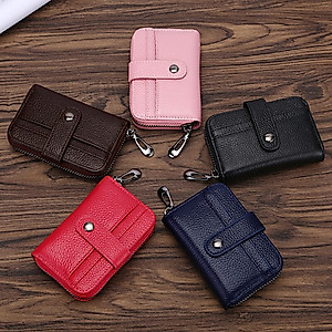 SEADEAR Multifunctional Wallet, Genuine Leather Zipper Coin Purse Mini Coin Purse Key Pocket Card Holder Men Women Id Bag Credit Cards Holder Redpink