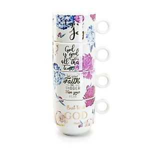 Grace Teaware Stackable Coffee Tea Mug 10-Ounce Set of 4 with Metal Stand (Floral Religious)