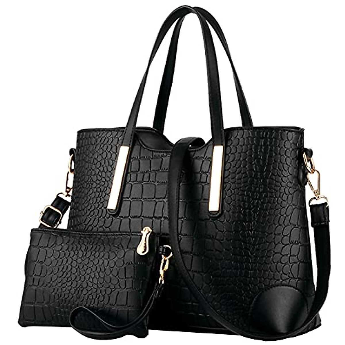 FiveloveTwo Women Ladies 2Pcs Purse and Handbags Tote PU Stiching Top Handle Satchel Shoulder Bag Clutches Black