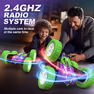 DEERC Remote Control Car, Double-Sided Driving RC Stunt Cars, 360° Spin 4WD Off-Road Car W/Dual Motors LED 2.4GHz Indoor/Outdoor Toy for Boys Age 4-7