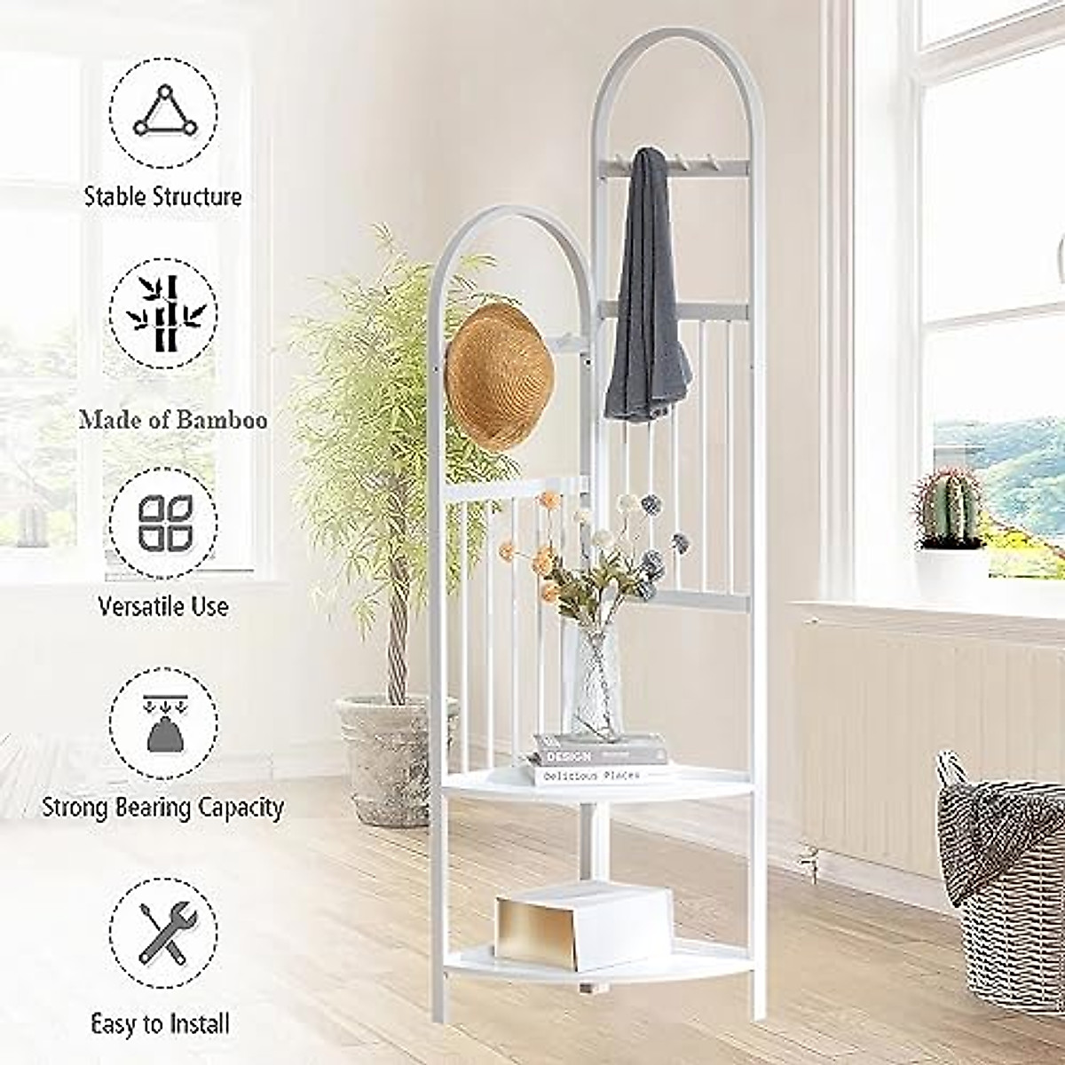latifolia Corner Clothing Rack, bamboo clohes rack with 8 Hooks for hanging clothes, hats, Bottom two shelves for storage, white