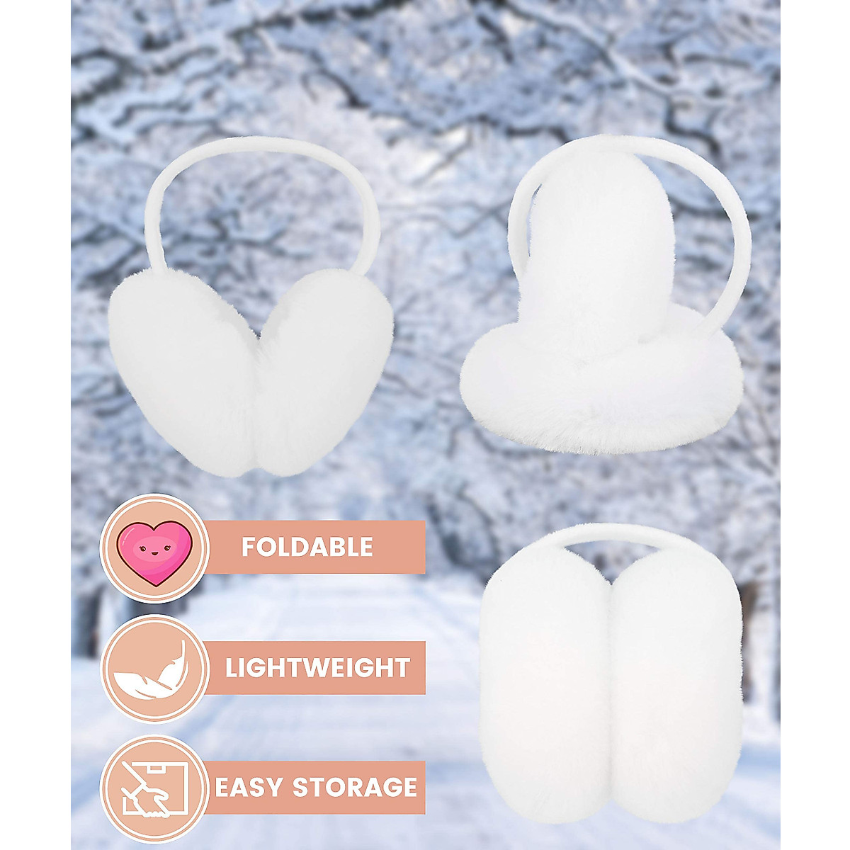 Simplicity White Ear Muffs For Women Winter Women's Earmuffs for Outdoor Snowboarding Walker Ear Protection Foldable Ear Covers Soft Warm Ear Warmers