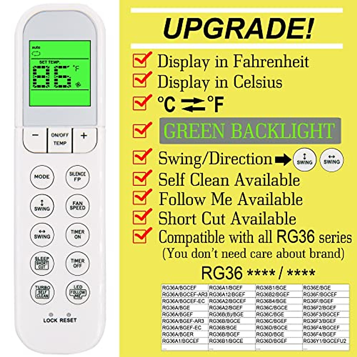 Replacement Remote Control for Midea ComfortStar FrigidaireAC Cooper&Hunter AC Air Conditioner RG36B/BGE RG36F/BGEF RG36A/BGEF-AR3 RG36B/BGCE RG36Y1/BGCEFU2 RG36F1/BGEFU1 RG36B4(B)/BGE RG36B2/BGEF