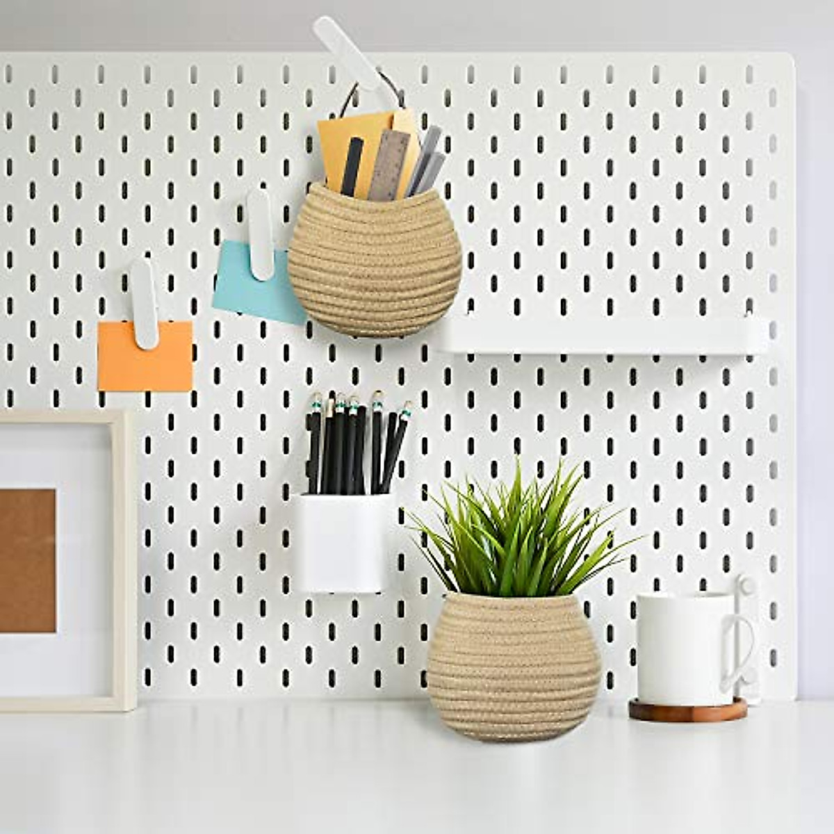 Jute Woven Hanging Storage Baskets, 2pack Wall Hanging Basket Organizer for Plants, Key, Sunglasses, Wallet on Door, Small Woven Baskets for Storage, Rope Woven Baskets for Baby Nursery Kids Gift