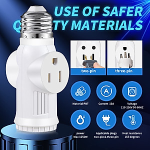 SerBion E26 Light Socket to Plug Adapter - 2 Pack 2/3 Prong Light Socket Outlet - Light Bulb Plug Adapter, Polarized Light Socket Adapter Splitter Converter for Garage Porch (White)