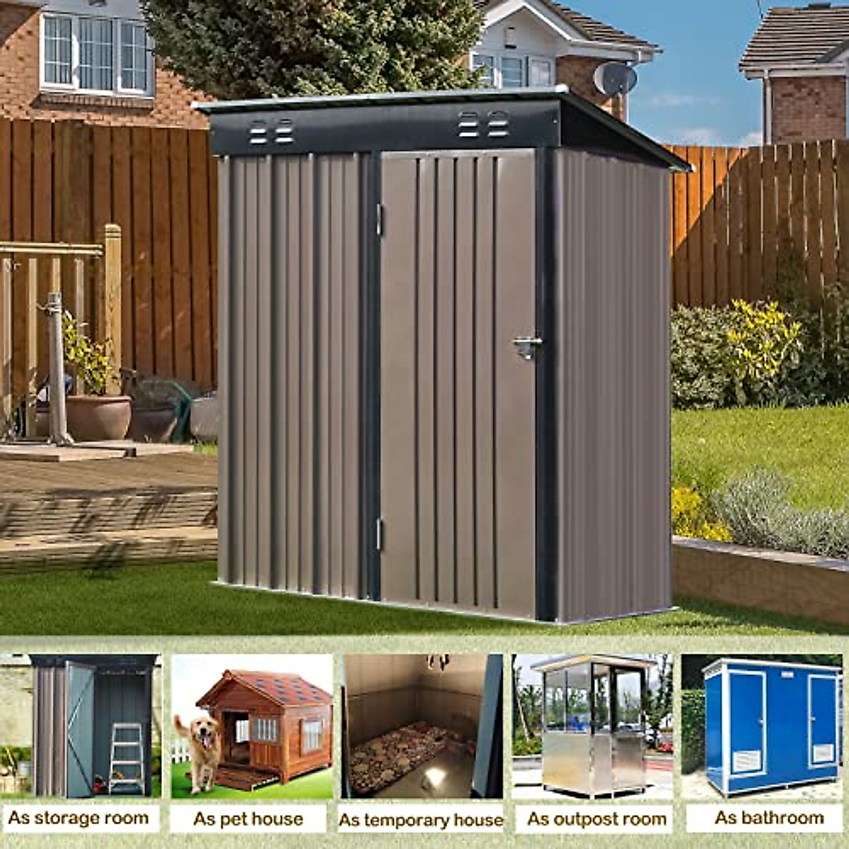 5 x 3 Ft Outdoor Storage Shed with 2 Vents,Galvanized Steel Tool Storage Shed Garden Shed with Door & Lock,Bike Shed,Outdoor Storage Clearance for Backyard, Patio & Lawn