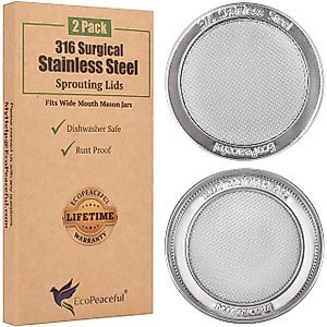 2 Pack Mason Jar Sprouting Lids - 316 Surgical Stainless Steel Sprouting Lids for Wide Mouth Mason Jars - Screen Mesh Strainer, Sprouter Kit for Alfalfa & Broccoli Seeds - Rust-Proof, Dishwasher Safe