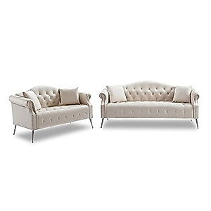 Homtique Sofa Set for Living Room 2 Piece, Modern Velvet Loveseat Sofa Set Upholstered Button Tufted Nailhead Trimming Rolled Arm and Metal Legs, Velvet Sofa Couch with 4 Pillows(Beige)