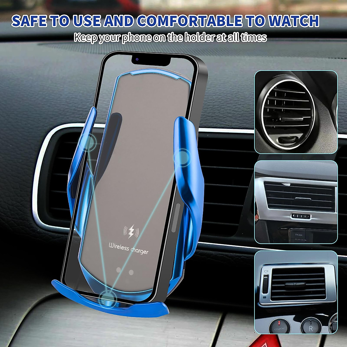 LFNOWN Wireless Car Charger Car Phone Holder Mount Wireless Charging 15W Fast Charging Auto Clamping Car Charger Phone Mount Phone Holder fit for All Android Smartphone(Silver)