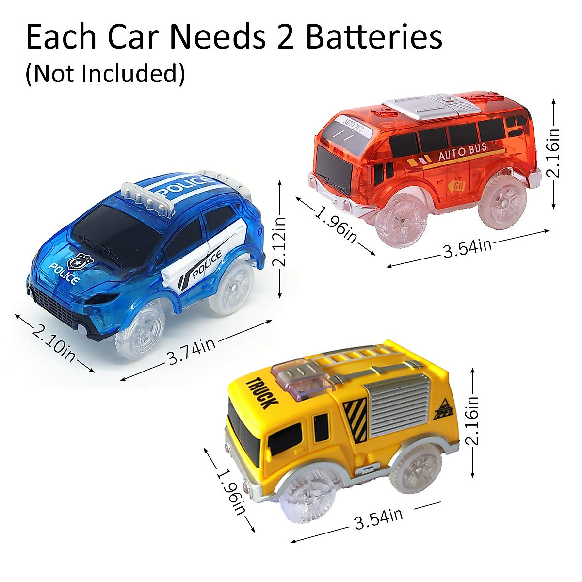 TornadoZ Tracks Cars Replacement Only with 5 LED Flashing Lights Up car, Compatible with Most Tracks, Glow in The Dark, Racing Car Track Accessories, Gift, Kid Boy Girl (4 Pack)