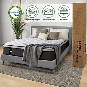 DatMou Queen Mattress, 14 Inch Hybrid Mattress, Queen Size Mattress in a Box, Gel Memory Foam Hybrid Mattress with Individually Pocketed Springs, Fiberglass Free,CertiPUR-US